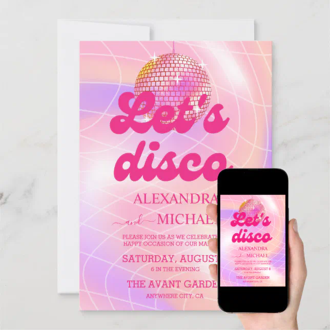 Groovy Retro Roller Pink and Gold Wedding Invitation | Zazzle