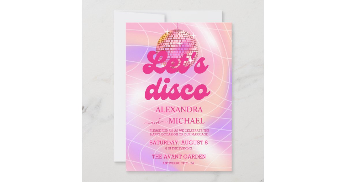 Groovy Retro Roller Pink and Gold Wedding Invitation | Zazzle