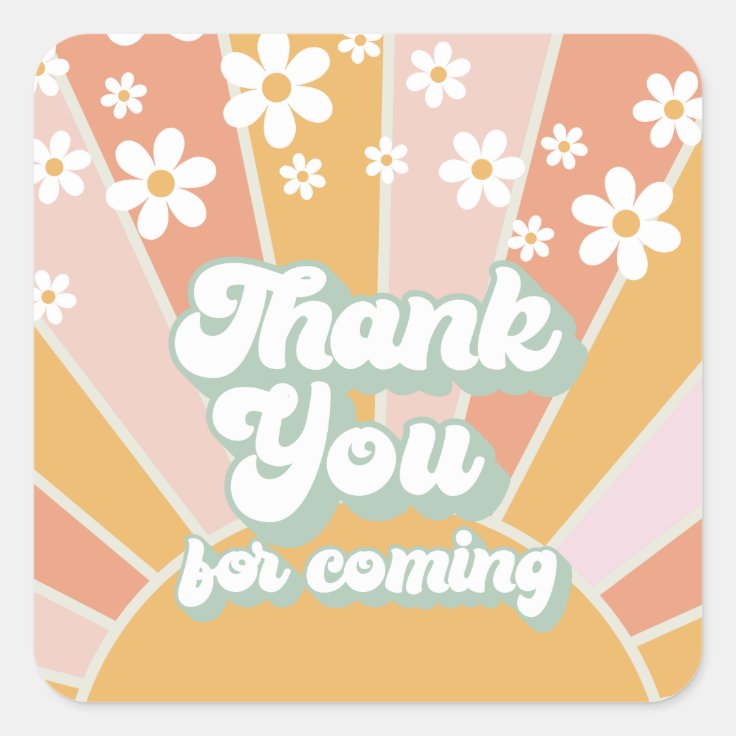 Groovy Retro Sunshine Thank You Square Sticker | Zazzle