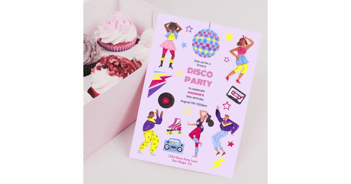 Groovy Roller Disco girl Purple Party Retro Invitation | Zazzle