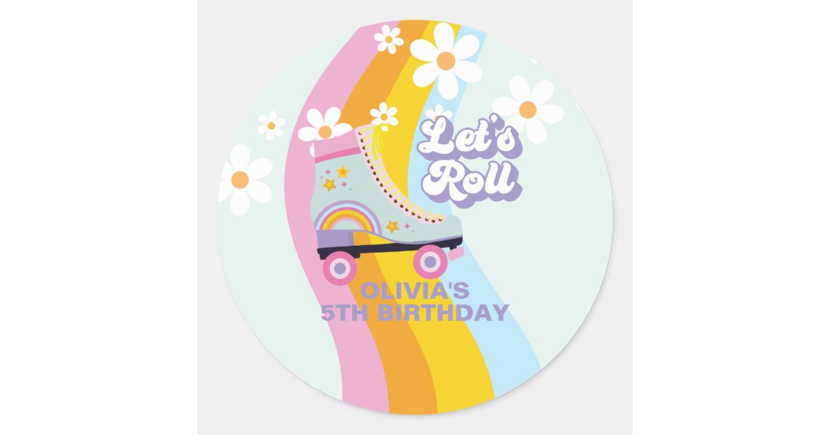 Groovy Rollerskating Retro Rainbow Birthday Classic Round Sticker | Zazzle