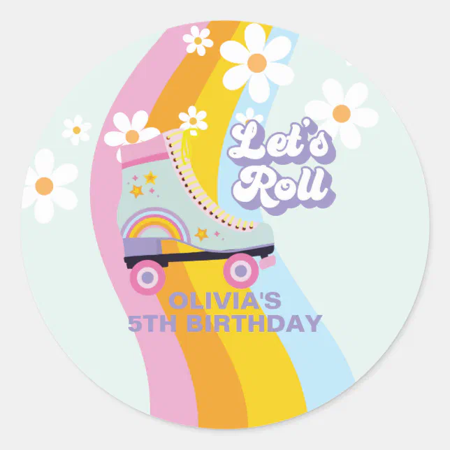 Groovy Rollerskating Retro Rainbow Birthday Classic Round Sticker | Zazzle
