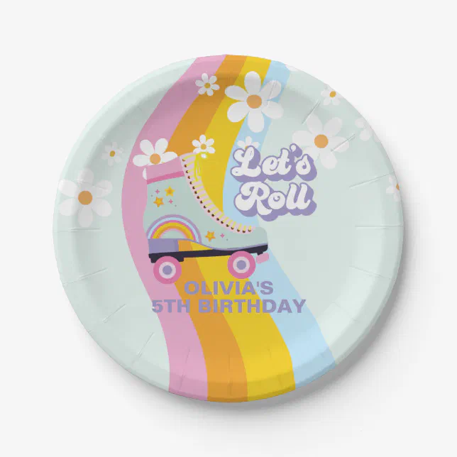 Groovy Rollerskating Retro Rainbow Birthday Paper Plates | Zazzle