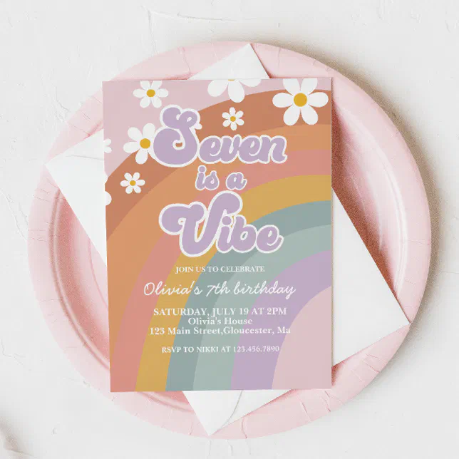 Groovy Seven is a vibe Retro Rainbow 7th Birthday Invitation | Zazzle