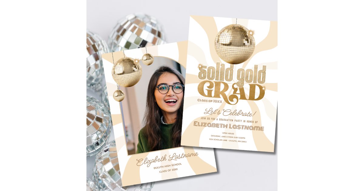 Groovy Solid Gold Grad Disco Graduation Party Invitation | Zazzle