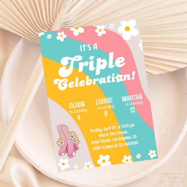 Groovy Triple Birthday Daisy Joint Sibling Party Invitation | Zazzle