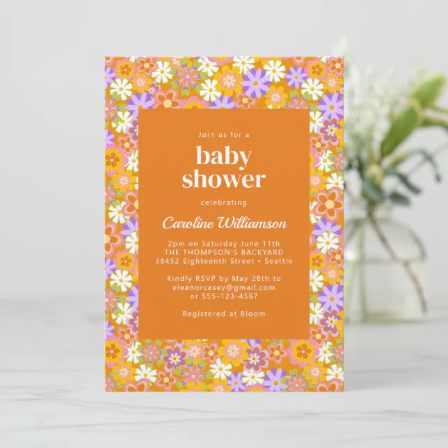 Groovy Vintage Orange Purple Flowers Baby Shower Invitation | Zazzle
