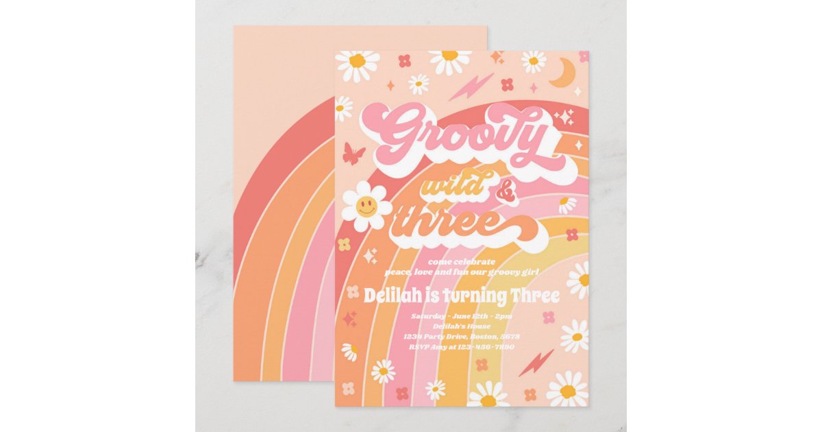 Groovy Wild And Three Hippie 3rd Birthday Party Invitation | Zazzle