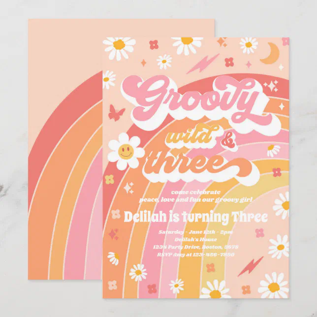 Groovy Wild And Three Hippie 3rd Birthday Party Invitation | Zazzle