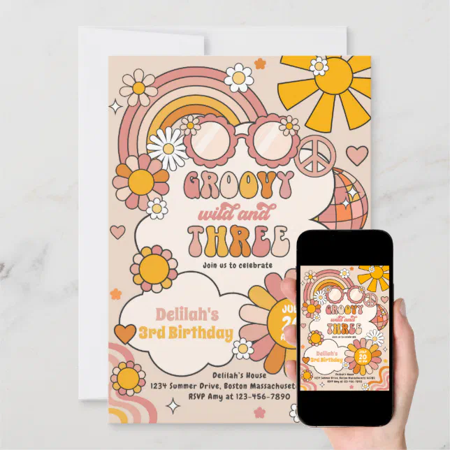 Groovy Wild & Three Flower Power Rainbow Birthday Invitation | Zazzle