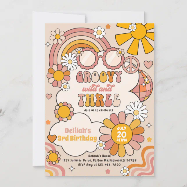Groovy Wild & Three Flower Power Rainbow Birthday Invitation | Zazzle