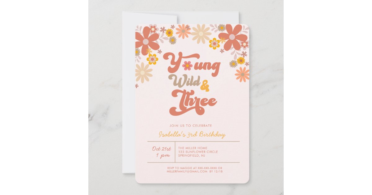Groovy Young Wild & Three 3rd Birthday Invitation | Zazzle
