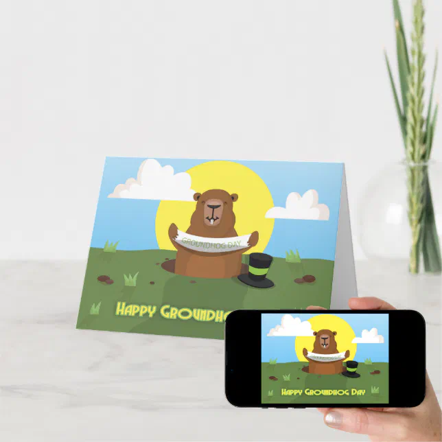 Groundhog day greeting card with groundhog holding | Zazzle