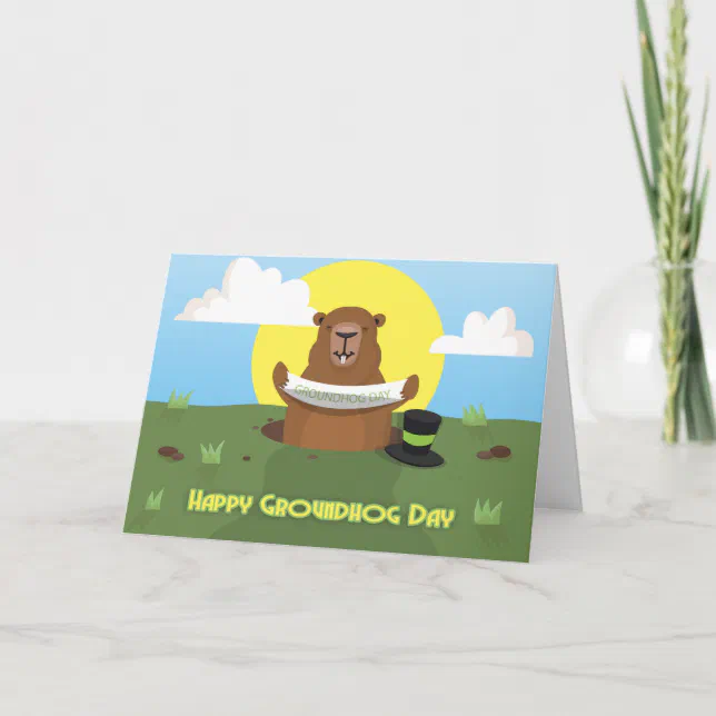 Groundhog day greeting card with groundhog holding | Zazzle