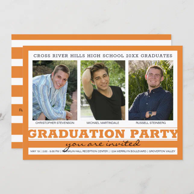 Group Graduation Party 3 Photos Orange Black Invitation | Zazzle