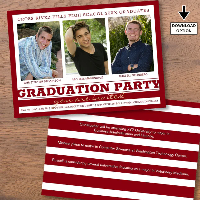 Group Graduation Party 3 Photos Red Invitation | Zazzle