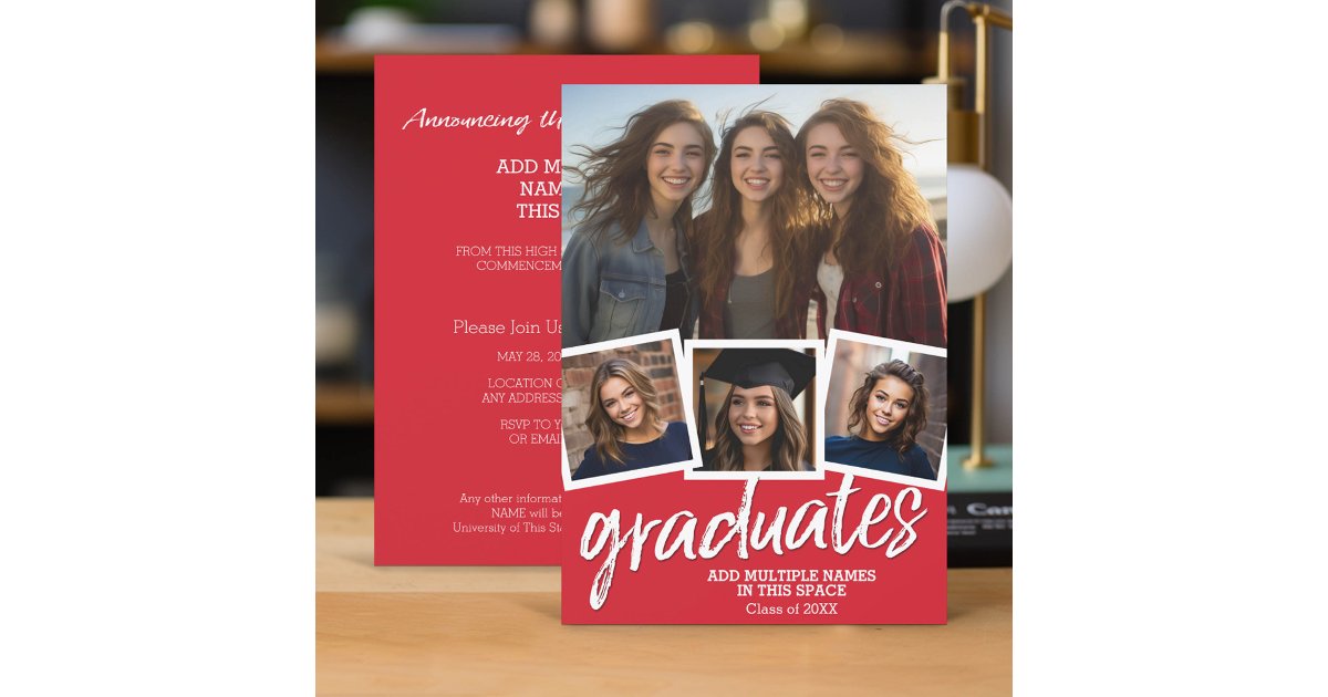 Group Graduation Party - 4 Photos Red Invitation | Zazzle