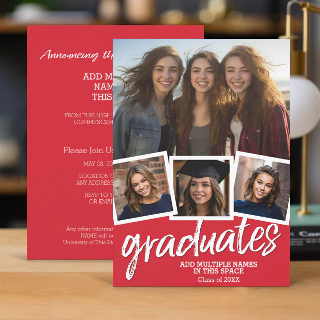 Group Graduation Party - 4 Photos Red Invitation | Zazzle