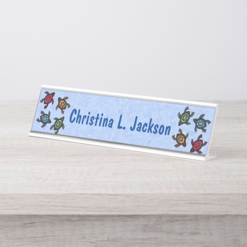 Group of Colorful Turtles Abstract Markings Blue Desk Name Plate | Zazzle
