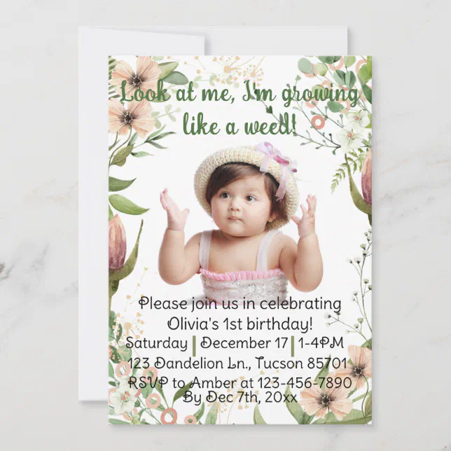 Growing like a weed, girl first birthday, invitation | Zazzle