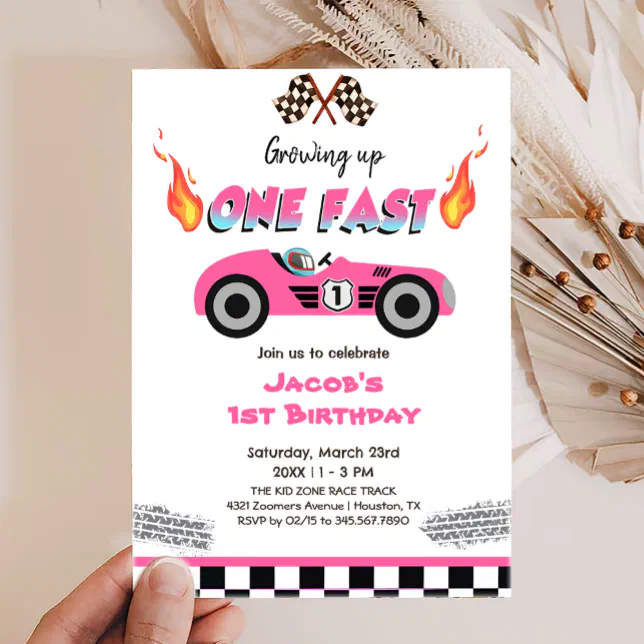 Growing Up One Fast Red Race Car 1st Birthday Invitation | Zazzle