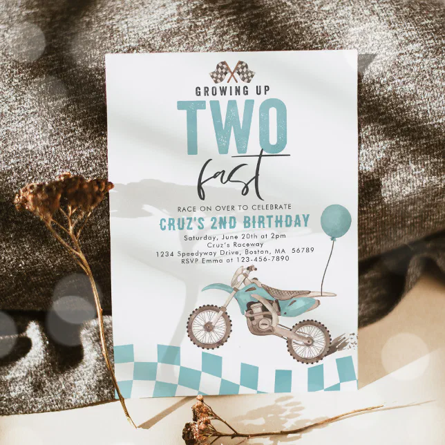 Growing Up Two Fast Blue Dirt Bike Boy Birthday Invitation | Zazzle