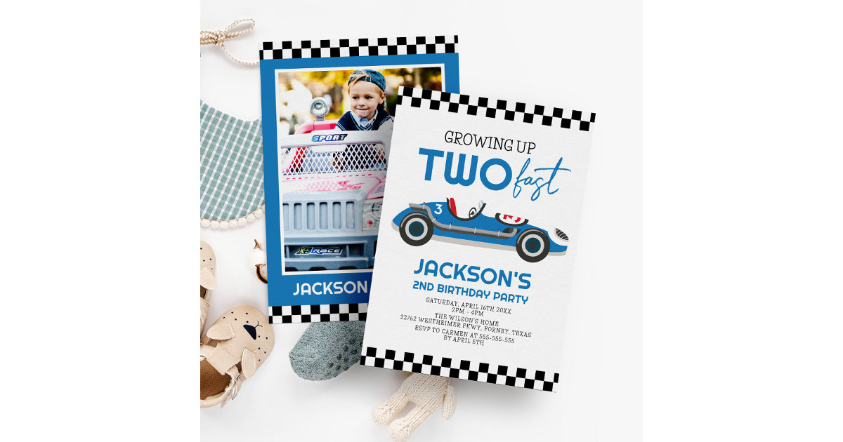 Growing Up Two Fast Blue Race Car 2nd Birthday Invitation | Zazzle
