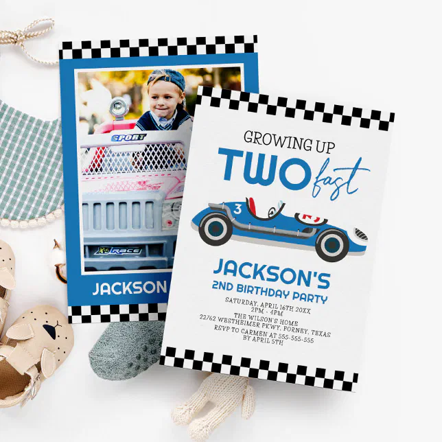Growing Up Two Fast Blue Race Car 2nd Birthday Invitation | Zazzle