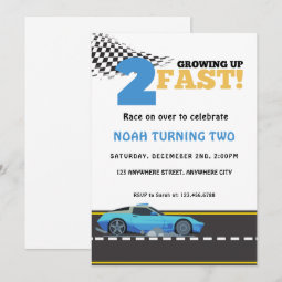 Growing Up Two Fast Blue Race Car Birthday Party Invitation | Zazzle