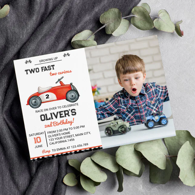 Growing Up Two Fast Boy 2nd Birthday Invitation | Zazzle