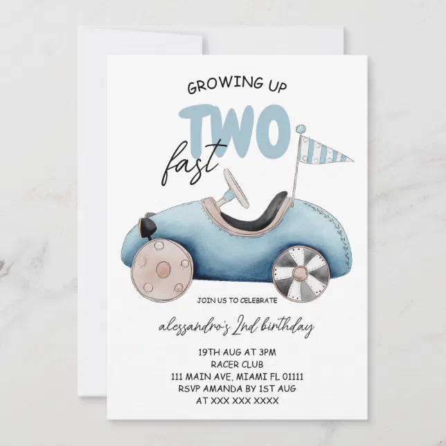 Growing up Two Fast Boy 2nd Birthday Invitation | Zazzle