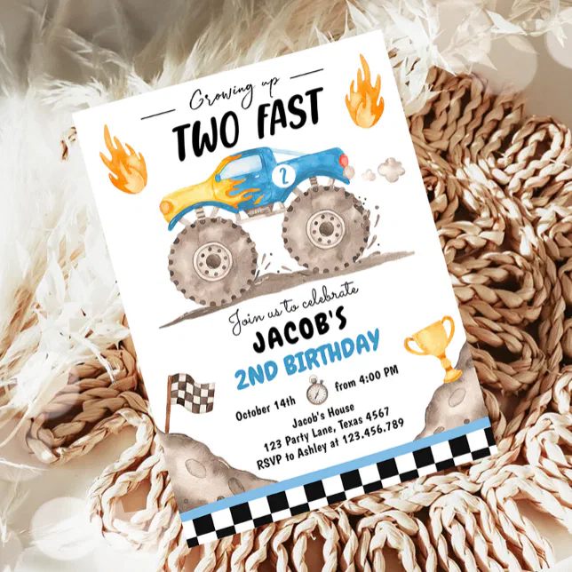 Growing Up Two Fast Monster Truck Boy Birthday Invitation | Zazzle