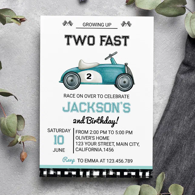 Growing Up Two Fast Race Car Birthday Invitation | Zazzle
