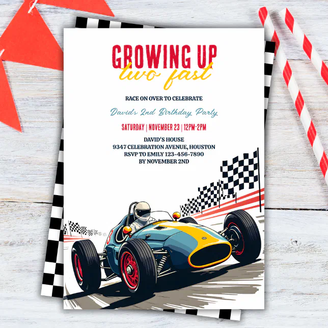 Growing Up Two Fast Race Car Boy 2nd Birthday Invitation | Zazzle