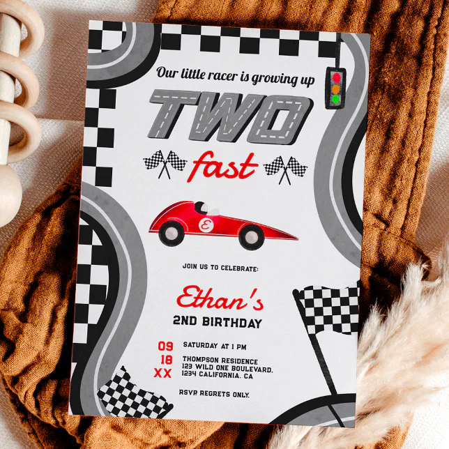 Growing up two fast racing theme cool 2nd birthday invitation | Zazzle