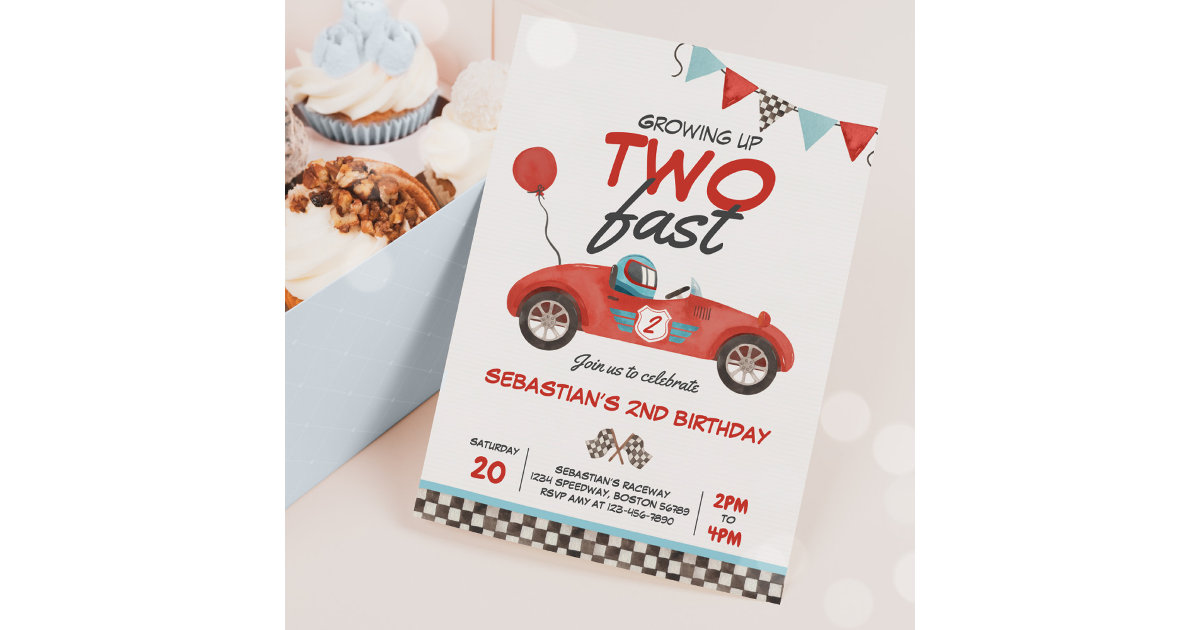 Growing Up Two Fast Red Race Car 2nd Birthday Invitation | Zazzle