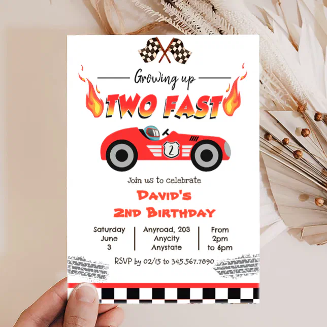 Growing Up Two Fast Red Race Car 2nd Birthday Invitation | Zazzle