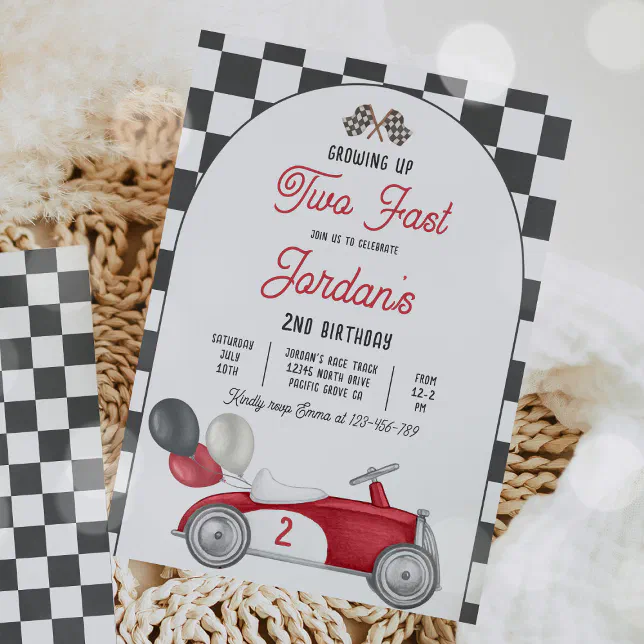 Growing Up Two Fast Red Race Car 2nd Birthday Invitation | Zazzle