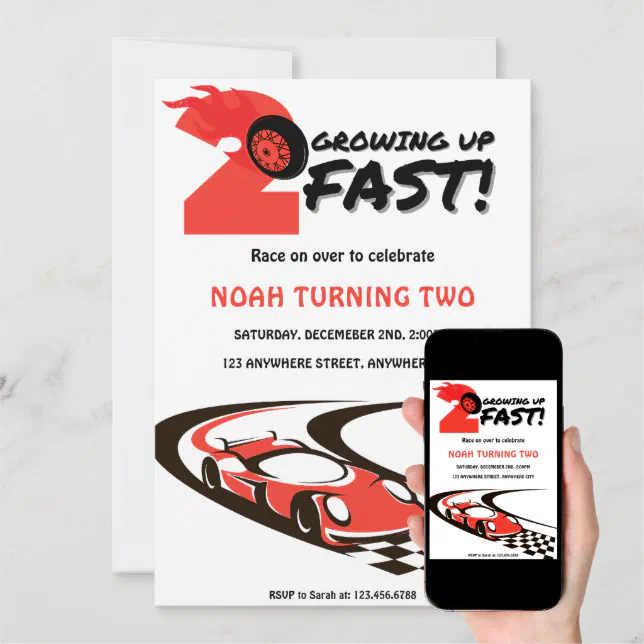Growing Up Two Fast Red Race Car Birthday Party Invitation | Zazzle