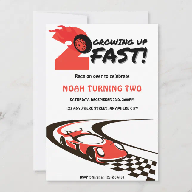 Growing Up Two Fast Red Race Car Birthday Party Invitation | Zazzle