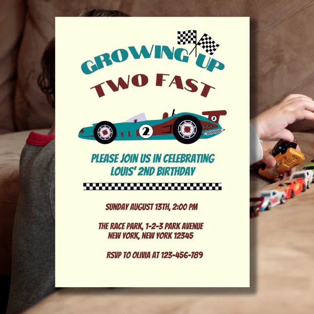 Growing Up Two Fast Retro Race Car Second Birthday Invitation | Zazzle