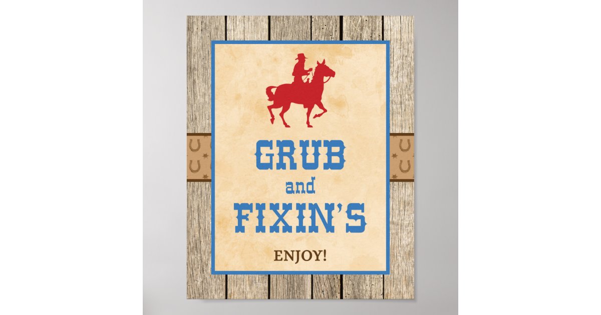 Grub & Fixin's Cowboy Western Party Sign | Zazzle
