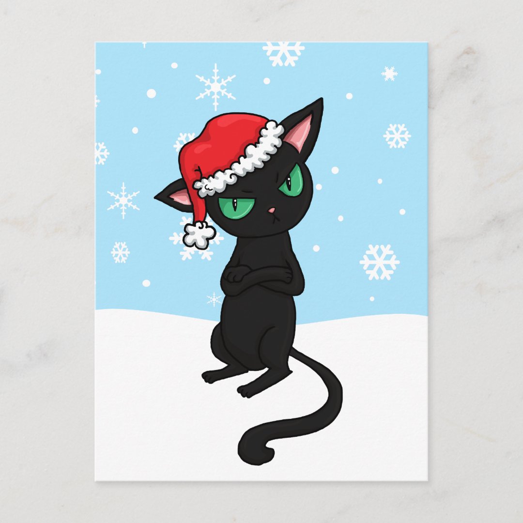 Grumpy Black Cat wearing Santa Hat Holiday Postcard | Zazzle