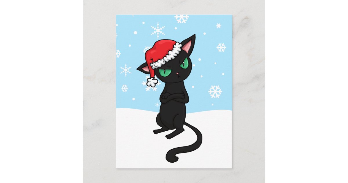 Grumpy Black Cat wearing Santa Hat Holiday Postcard | Zazzle