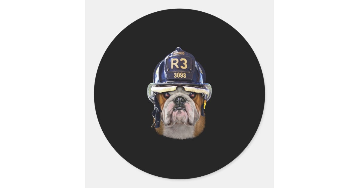 Grumpy English Bulldog Wearing Firefighter Helmet Classic Round Sticker ...