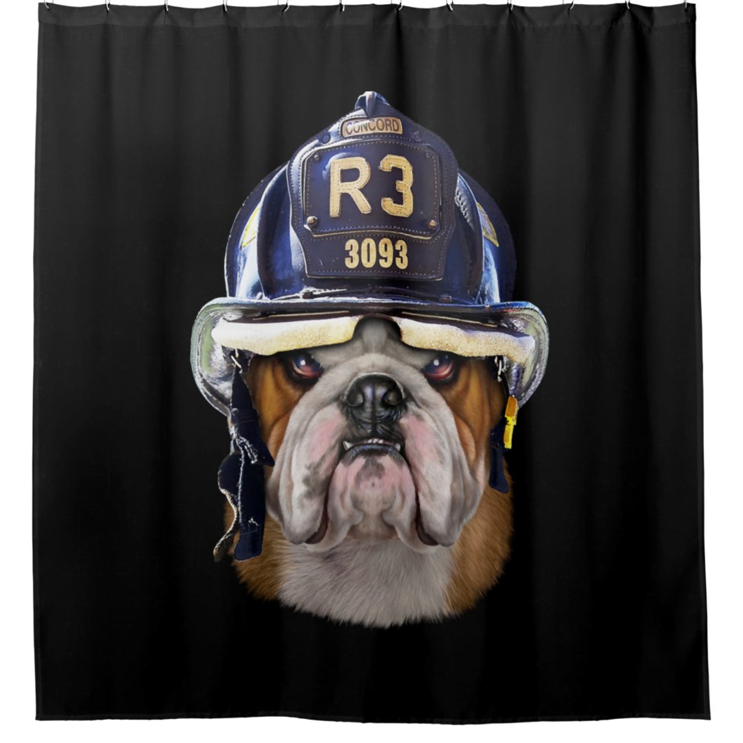 Grumpy English Bulldog Wearing Firefighter Helmet Shower Curtain | Zazzle