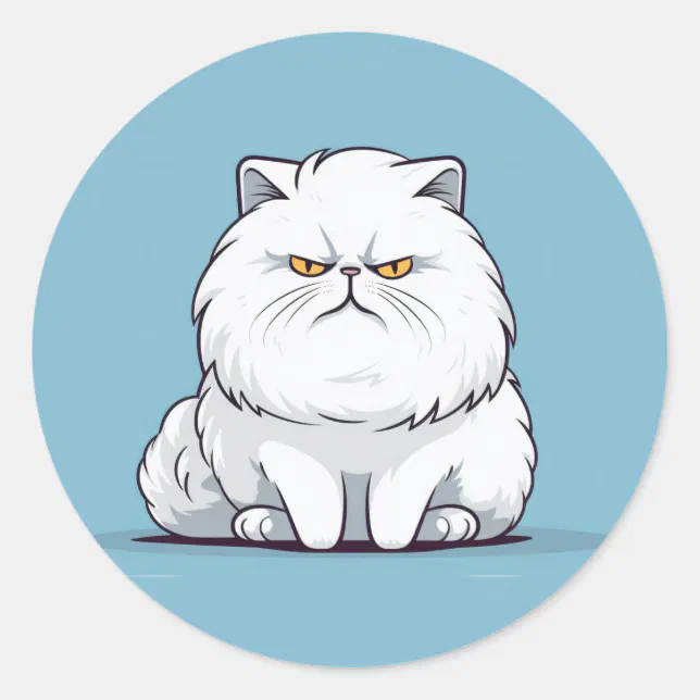 Grumpy Fat White Cat on a Blue Background Classic Round Sticker | Zazzle