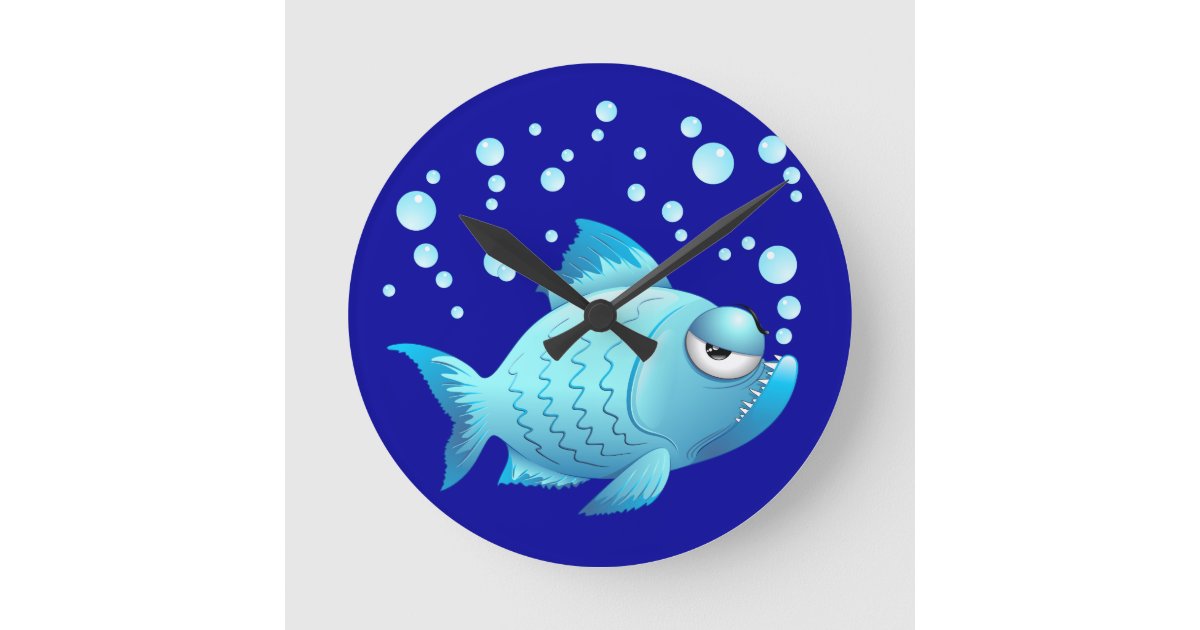 Grumpy Fish Cartoon Round Clock | Zazzle