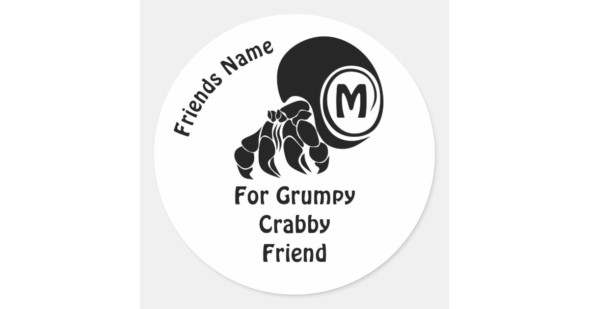 Grumpy Hermit Crab Silhouette Monogram Classic Round Sticker | Zazzle