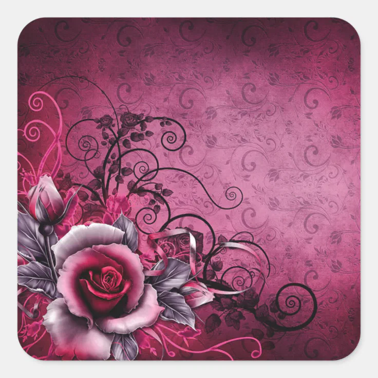 grunge botanical floral magenta pink Rose Square Sticker | Zazzle